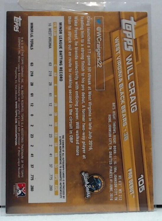 2017 TOPPS PRO DEBUT WILL CRAIG ROOKIE AUTO #105 BLACK BEARS MSK | eBay