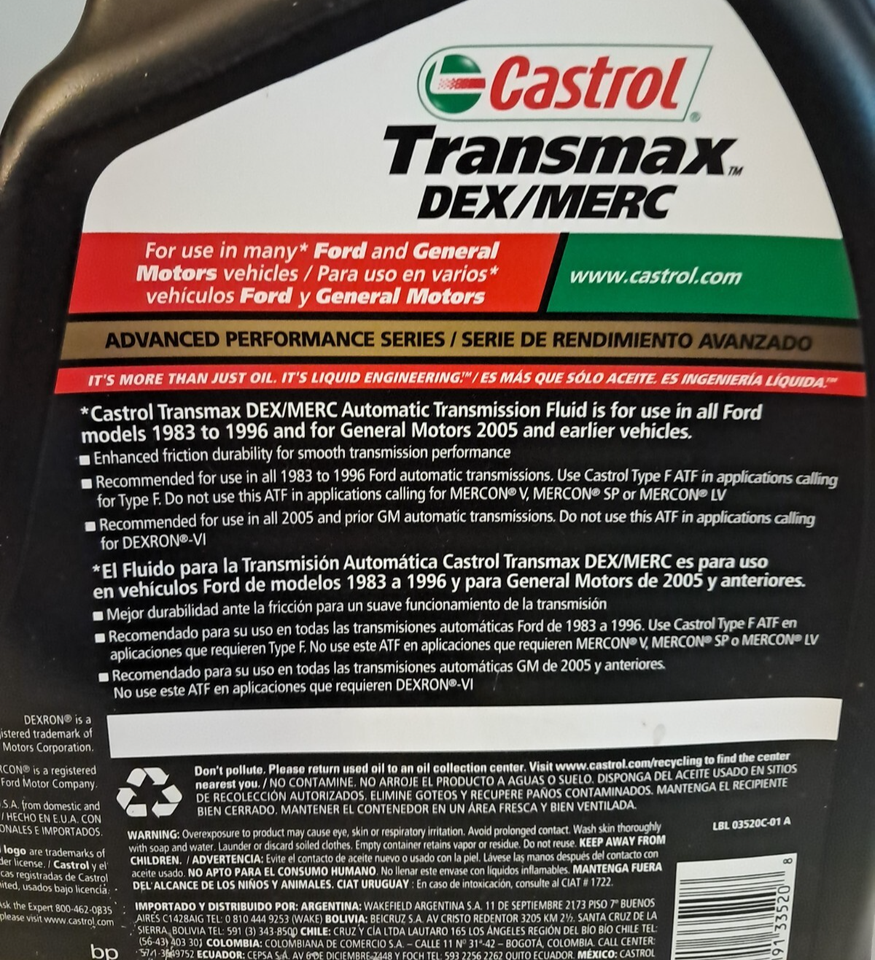 Castrol TRANSMAX DEX/MERC 1 Gallon Automatic Transmission Fluid Ford ...