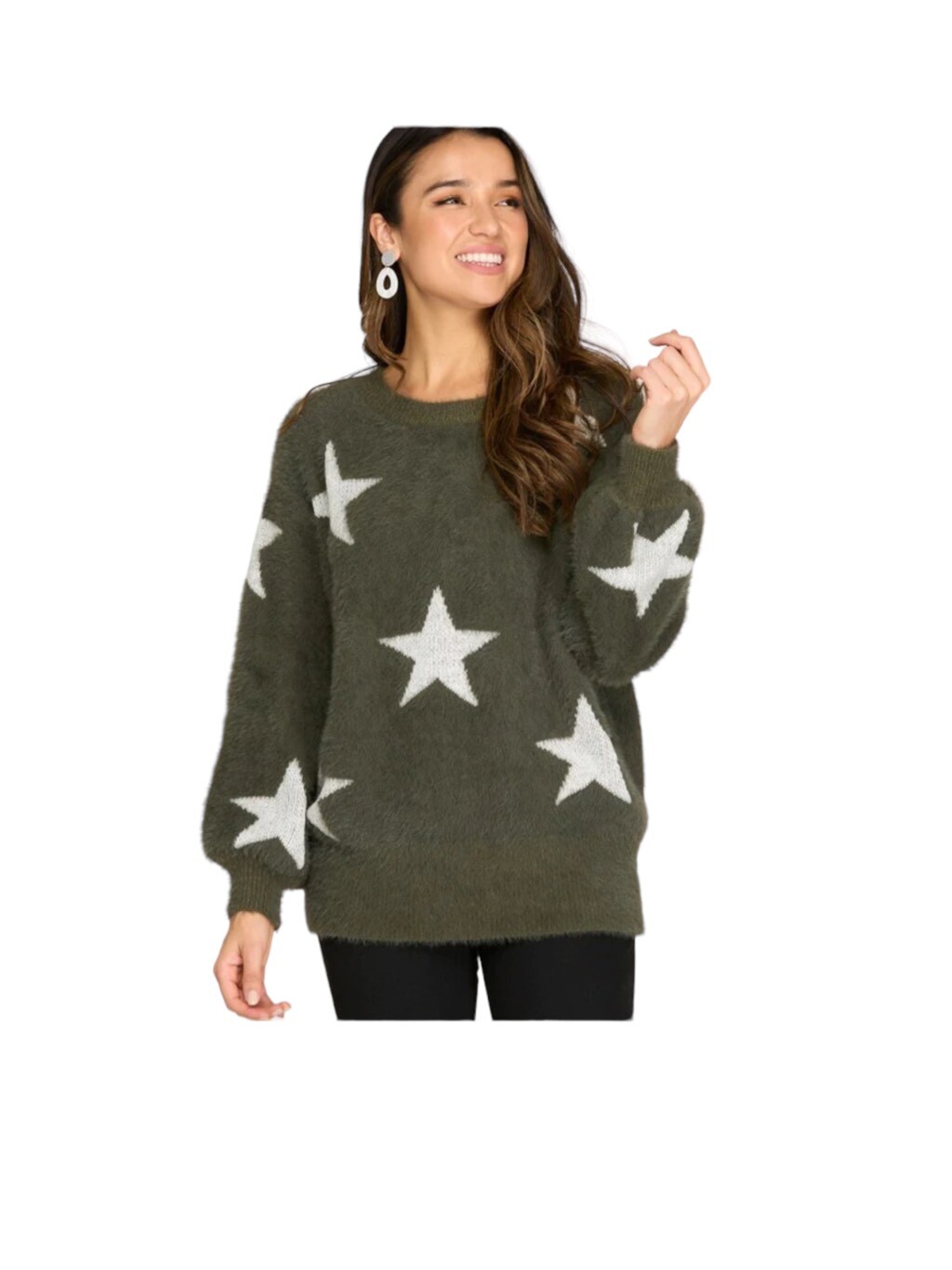 Bubble Sleeve Fuzzy Star Sweater - Gem