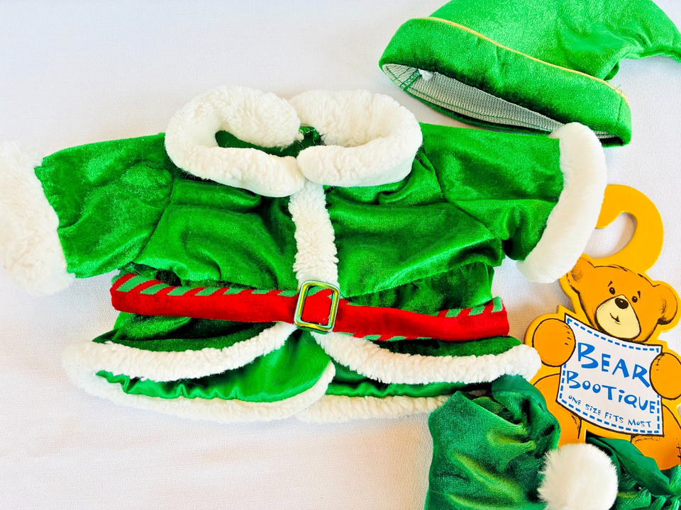 Build a Bear Elf Vtg Red Green Velour Christmas Teddy Costume Outfit 4 ...