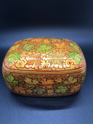 Handmade Gift Trinket Box Kashmir India Hand Painted Lacquer Gold Green ...