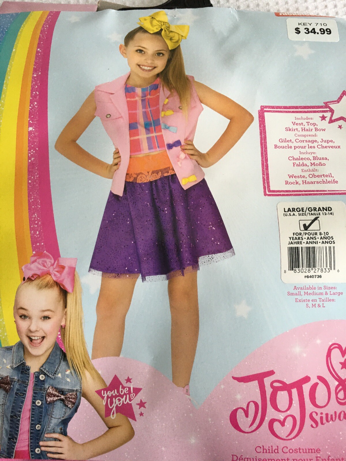 Jojo Siwa Halloween Costume New Sz L 12 To 14 Girls Vest Top Skirt Bow ...