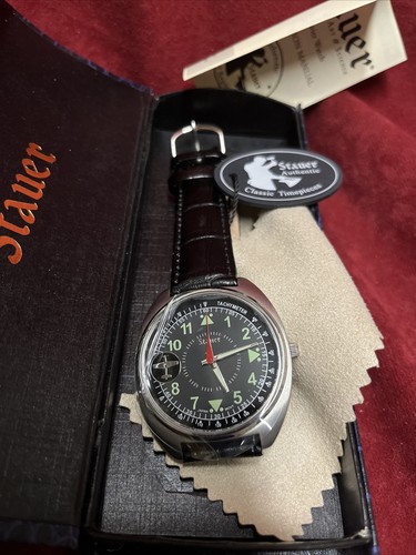 NEW Stauer Tachymeter 24859 Aviator Watch 24858 Black Leather Strap A41 ...