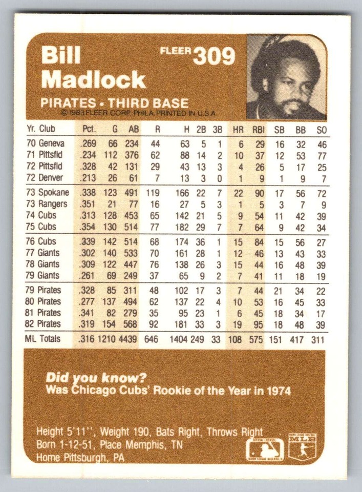 1983 Fleer #309 Bill Madlock Pirates | eBay