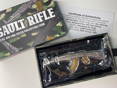 ASSAULT RIFLE Silver W/ Gold Gilding 2 Oz Silver Coin Gun 10000 Francs ...