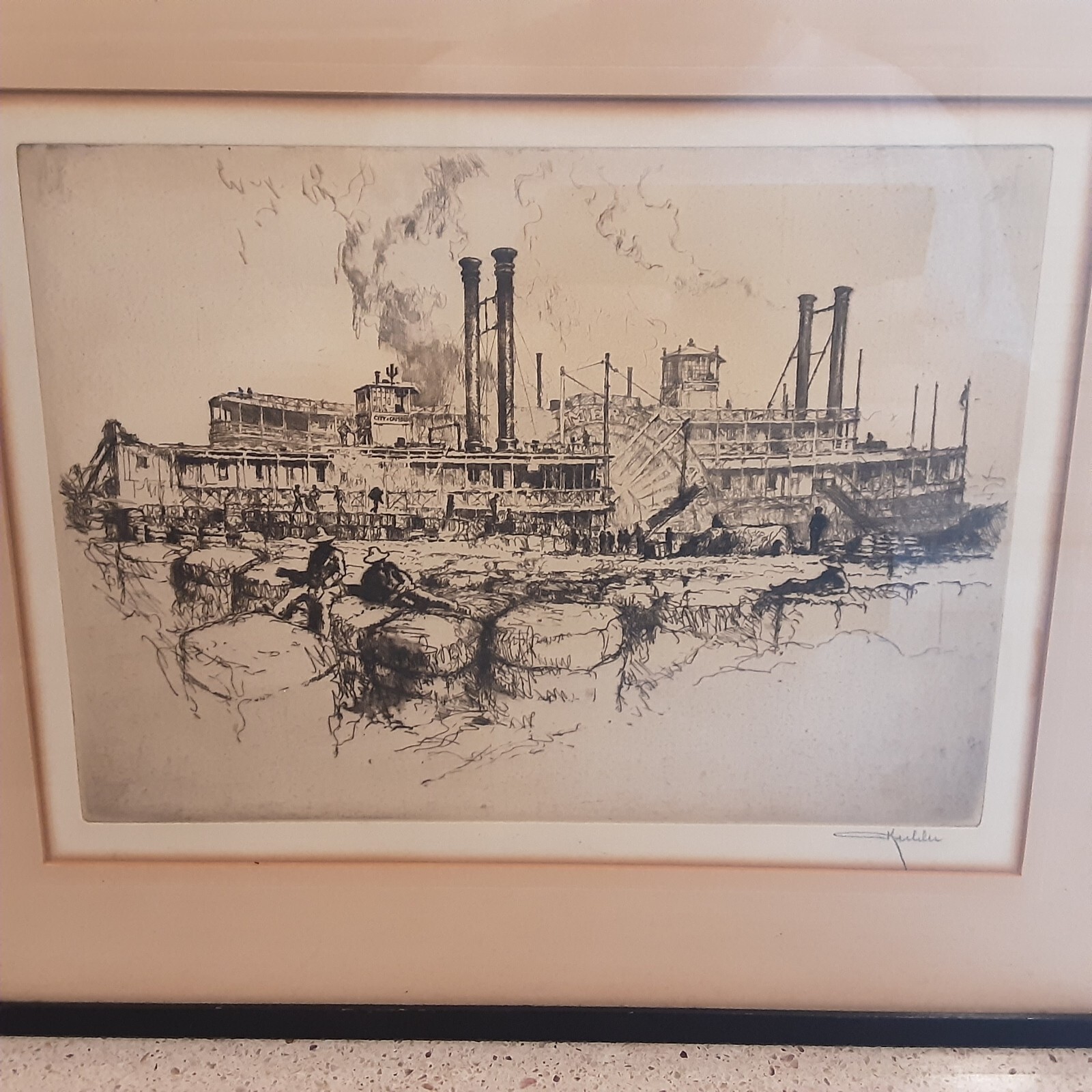 Otto Kuhler Signed Etching Camden Paddle Wheelers/Steamboats Framed 12. ...