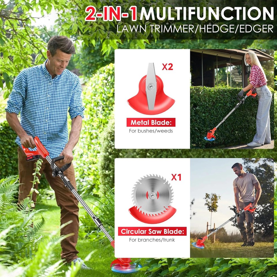 21V Electric Cordless Grass Trimmer Strimmer Garden Edger Cutter with 2 ...