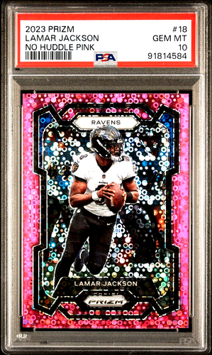 2023 PANINI PRIZM LAMAR JACKSON #18 NO HUDDLE PINK PRIZM /15 PSA 10 ...