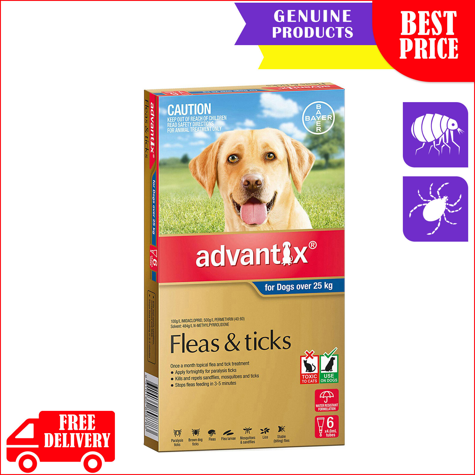 ADVANTIX for Dogs 6 Pipettes Flea and Tick Prevention All Sizes Long ...