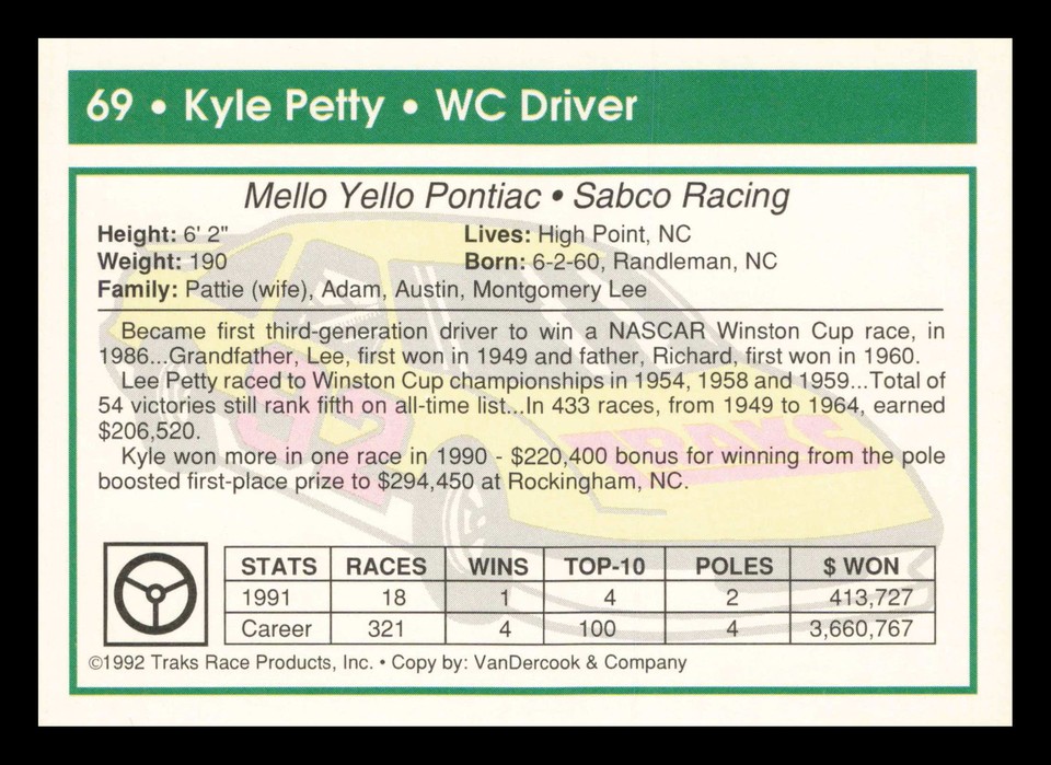 Kyle Petty #69b 1992 Traks SABCO Racing | eBay
