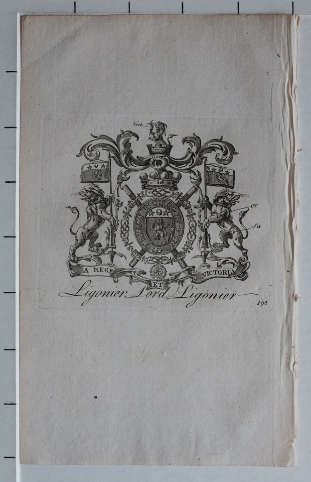 1756 ANTIQUE PRINT FAMILY CREST COAT OF ARMS LORD LIGONIER | eBay