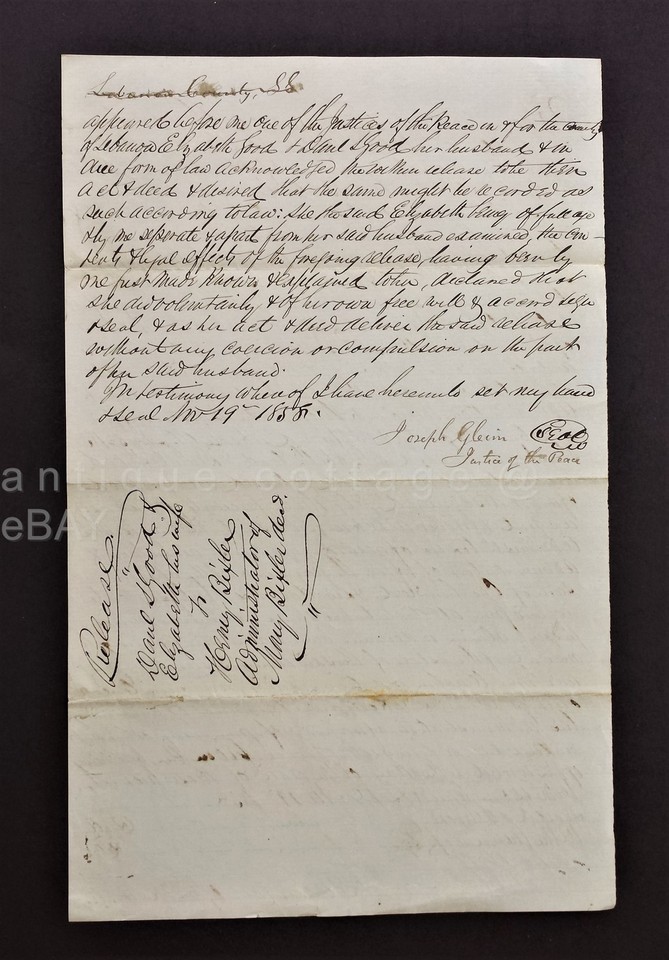 1858 antique LEGAL ESTATE RELEASE lebanon pa MARY BICKSLER document DAN ...