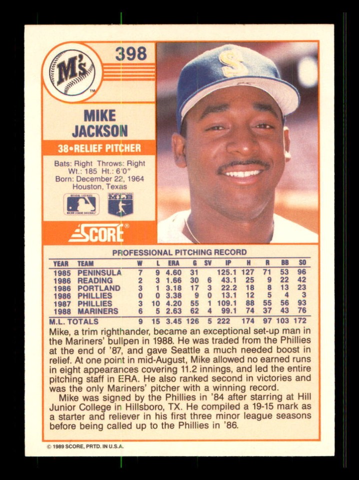 1989 Baseball 1989 Score Mike Jackson Seattle Mariners #398 1 | eBay