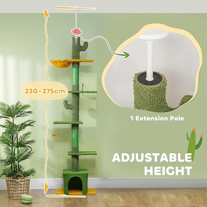 PawHut Adjustable Cat Tree 230-275cm Tall Ceiling Scratching Tower 6 ...