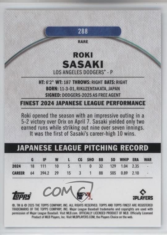 2025 Topps Finest Rare Roki Sasaki #288 0u38 | eBay