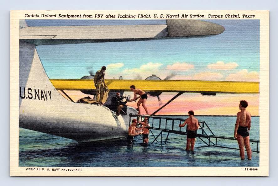 Navy Cadets Unloading Cargo from Seaplane CORPUS CHRISTI Texas Vintage ...