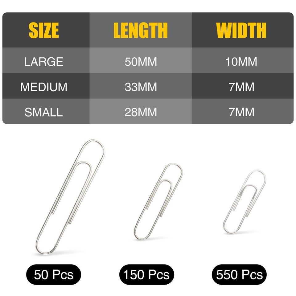 750 Paper Clips Assorted Sizes Small, Medium and Large Paper Clips for ...