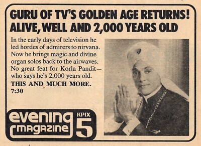 1978 KPIX TV AD KORLA PANDIT on EVENING MAGAZINE GURU OF TV'S GOLDEN ...