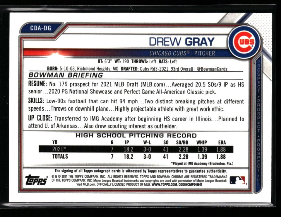 Drew Gray 2021 Bowman Draft Chrome Draft Pick Autograph Chicago Cubs ...