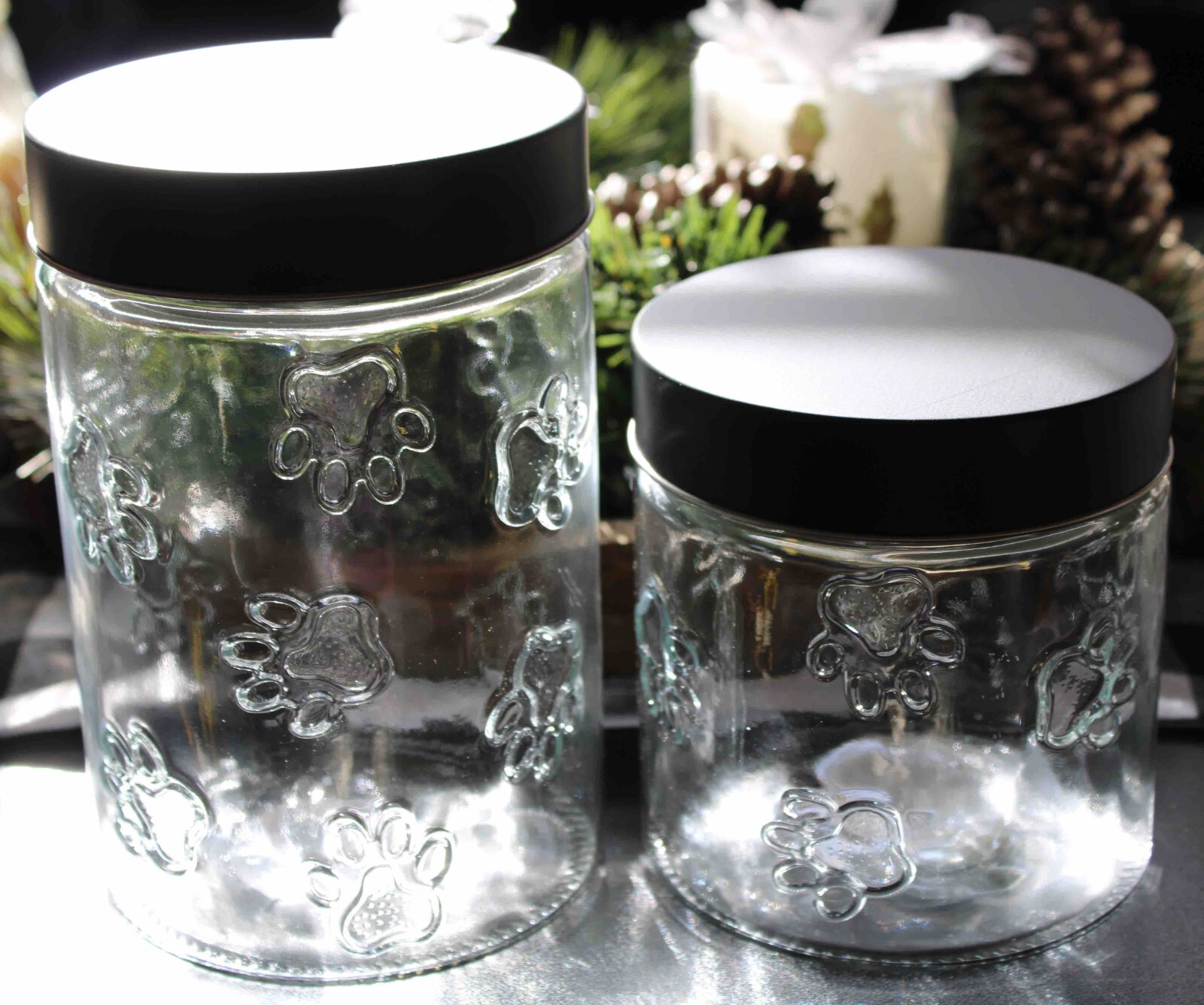 Pets Paw Prints Embossed Clear Glass Jars Black Lids Set of 2 | eBay