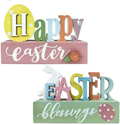 2 pcs Happy Easter Decorations Colorful Eggs Bunny Table Sign Wooden ...