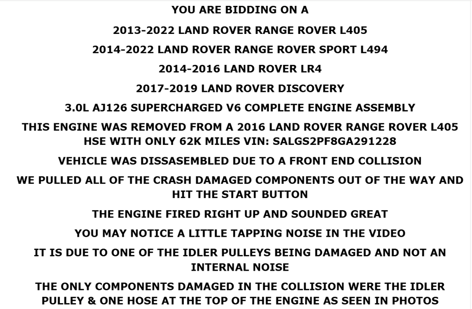 2013-2022 Range Rover L405 L494 3.0L AJ133 V6 Engine 62K Miles! VIDEO ...
