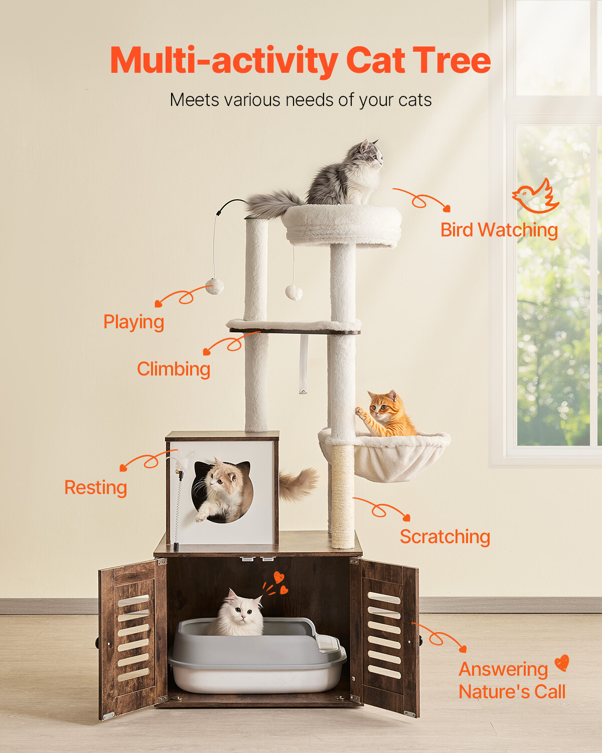 55.12" Large Cat Tree Litter Box Enclosure 2-in-1 Cat Tower Indoor Play ...