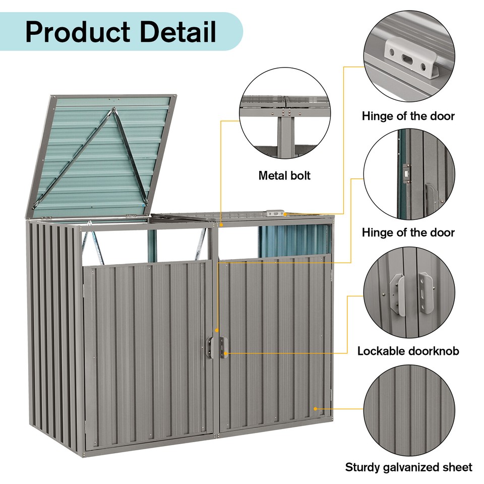 Outdoor Garden Yard Metal Garbage Bin Shed Lockable Doors Stores 2/3 ...