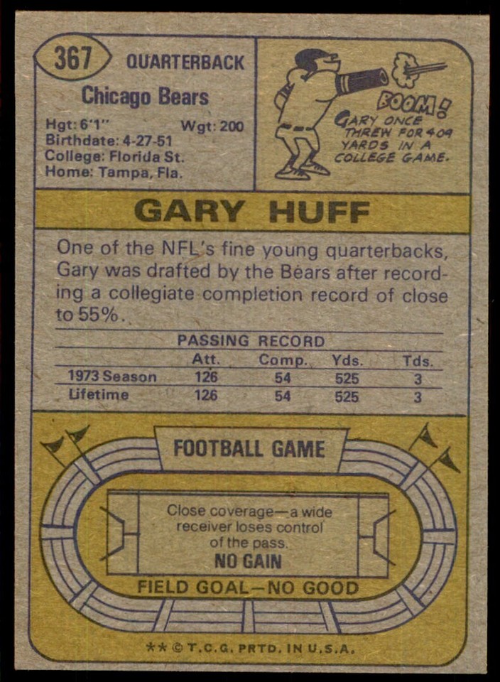 1974 Topps Gary Huff Football Card Chicago Bears #367 | eBay