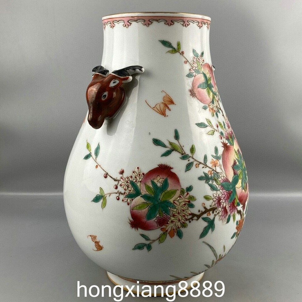 12" Famille Rose Porcelain Pomegranate Zodiac Sheep Goat Head Flower ...