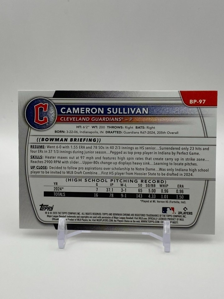 2025 1st Bowman Paper Prospect Cameron Sullivan #BP-97 Cleveland ...