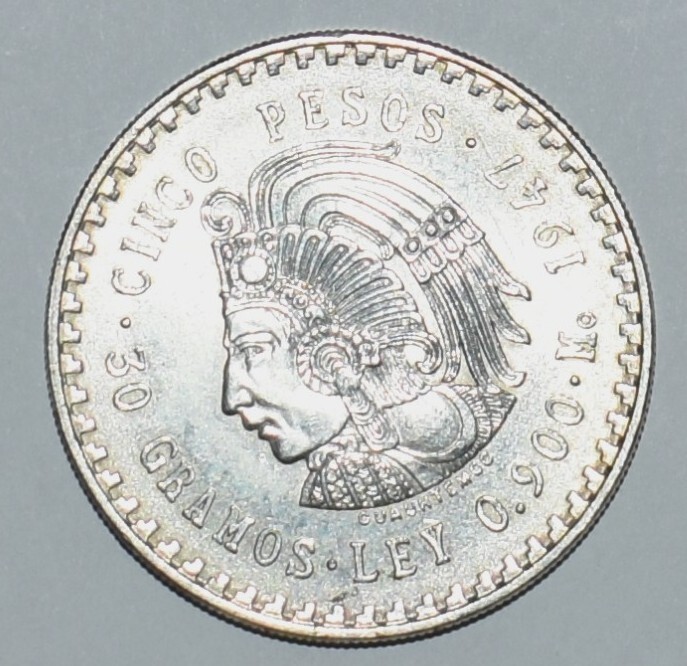 1947 MEXICO Aztec Chieftain CUAUHTEMOC Eagle Silver Coin Cino 5 Pesos ...