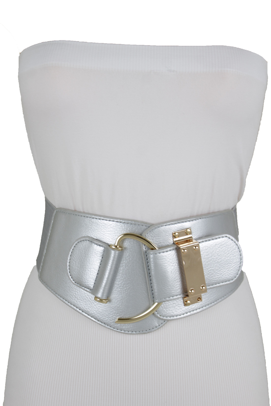 Urban Women Elastic Waisted Silver Color Wide Stretch Belt Hook Buckle ...