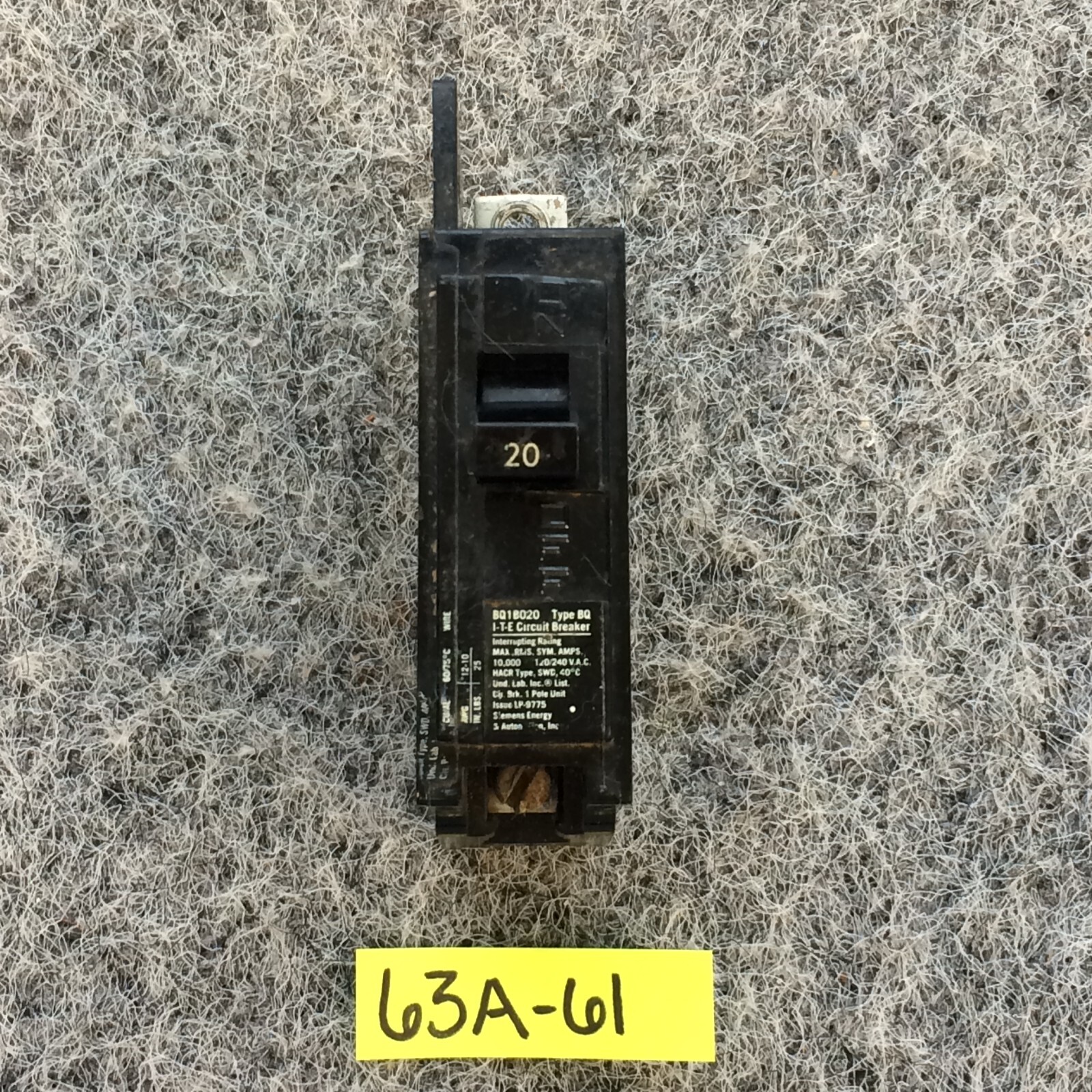 SIEMENS BQ1B020 ITE 20A 1 Pole Circuit Breaker HACR Type BQ 120/240 VAC ...