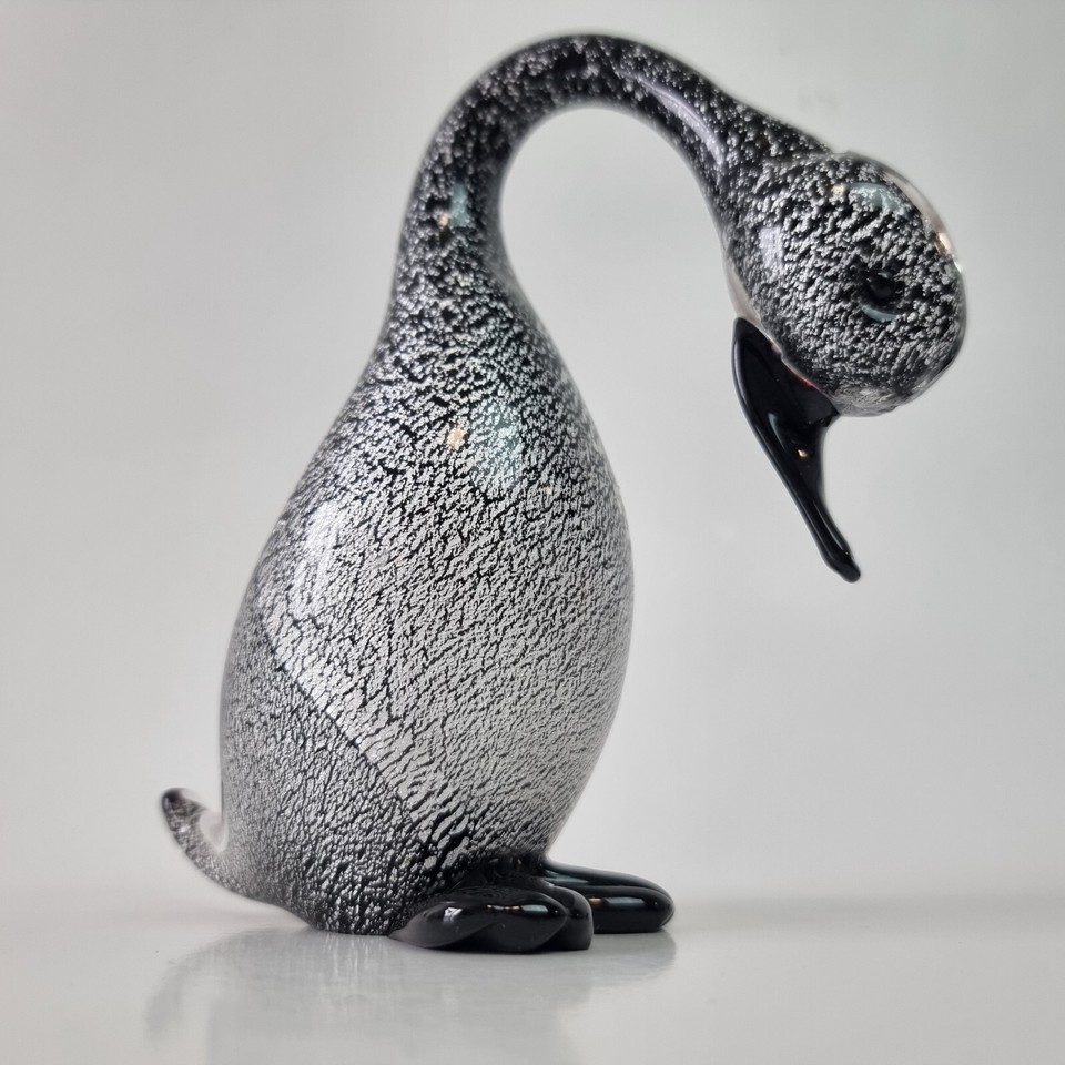 70s New Murano Oball Sommerso Silver Flakes Black Art Glass Duck Italy ...