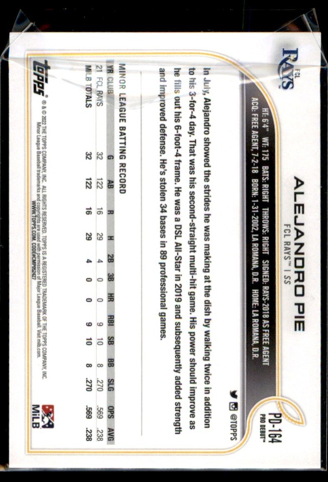 2022 TOPPS PRO DEBUT ALEJANDRO PIE FCL RAYS #PD-164 | eBay