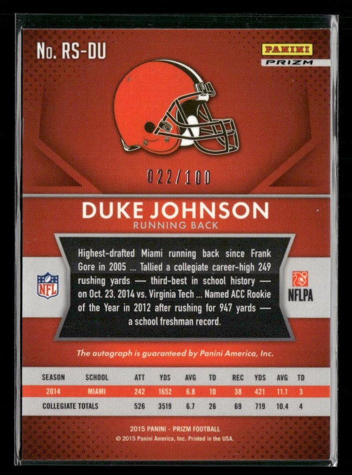 2015 Panini Prizm #RS-DU Duke Johnson Rookie Signatures Prizm #/100 ...