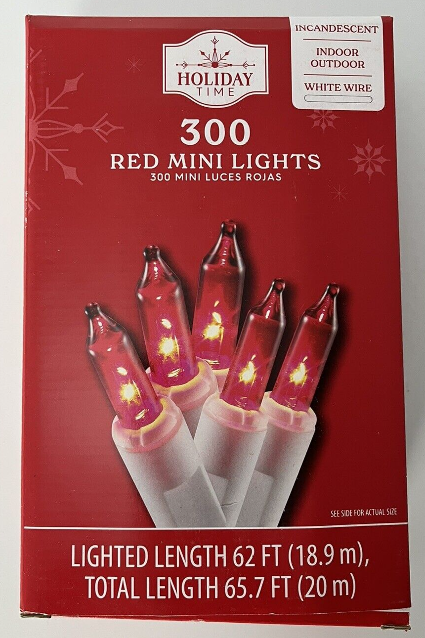 Holiday Time 300 Red Mini Lights White Wire 65 Feet Indoor / Outdoor ...
