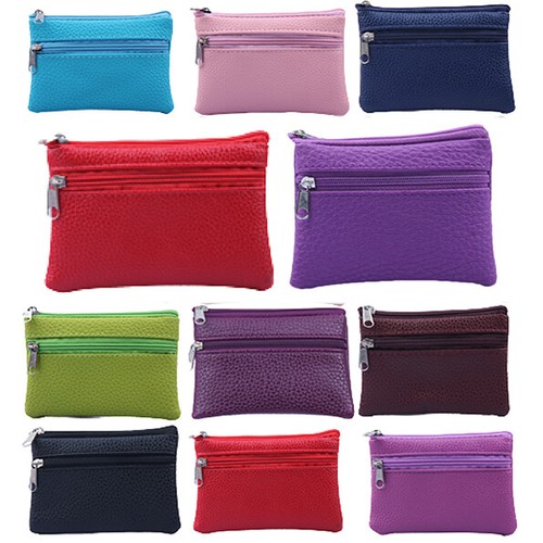 Women's Leather 2 Zipper Pockets Key Ring Coin Purse Mini Pouch Wallet ...
