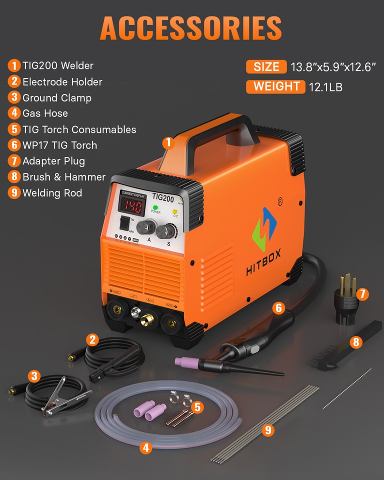 200Amp TIG Welder HF TIG/MMA 2 IN 1 Welder Machine with Post Gas 110 ...