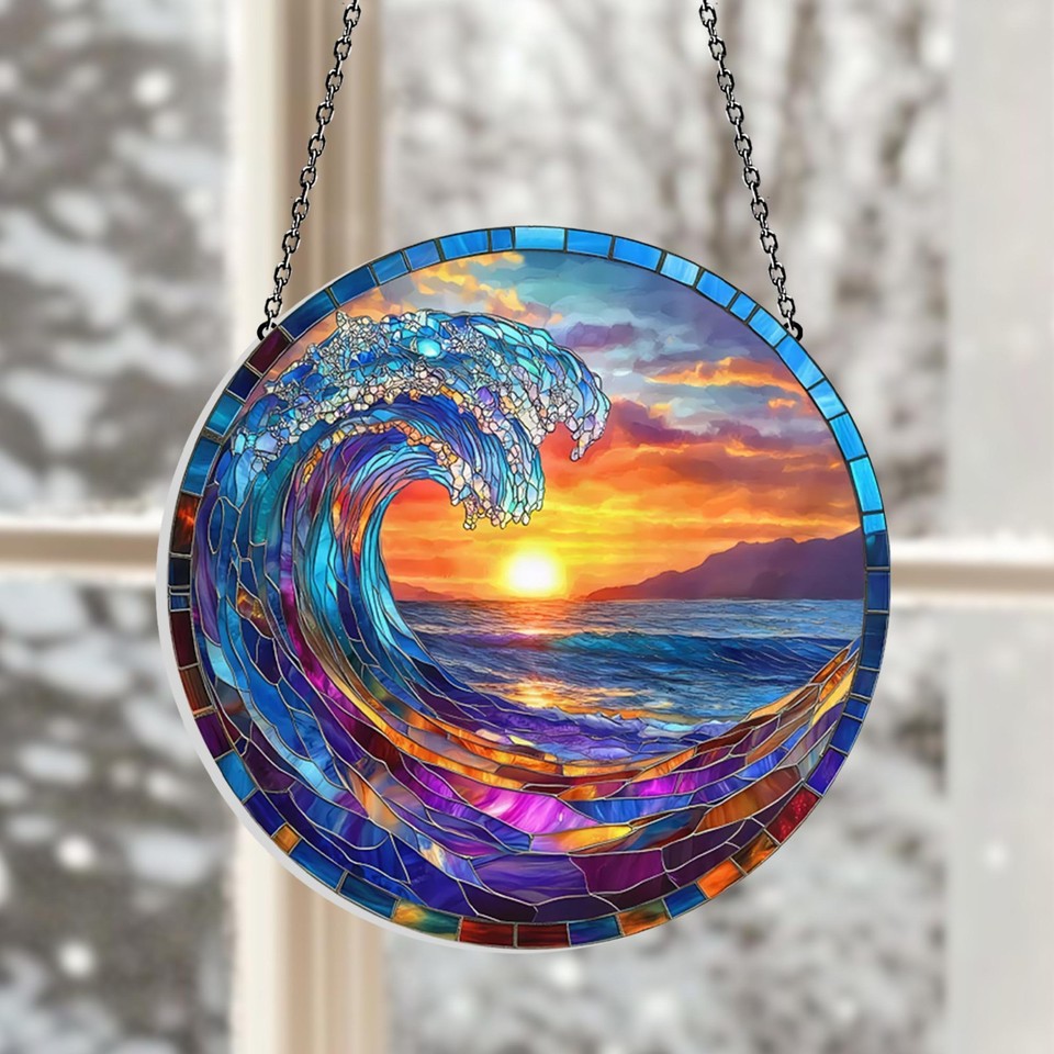 Ocean Wave Stained Glass Suncatcher, Coastal Acrylic Window Hanging ...