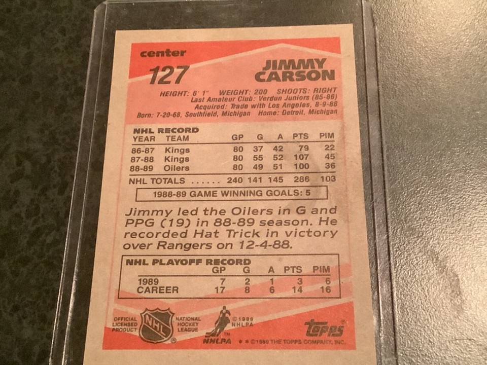 Jimmy Carson Kings Red Wings Oilers 1989 Topps Signed Autographed Card ...