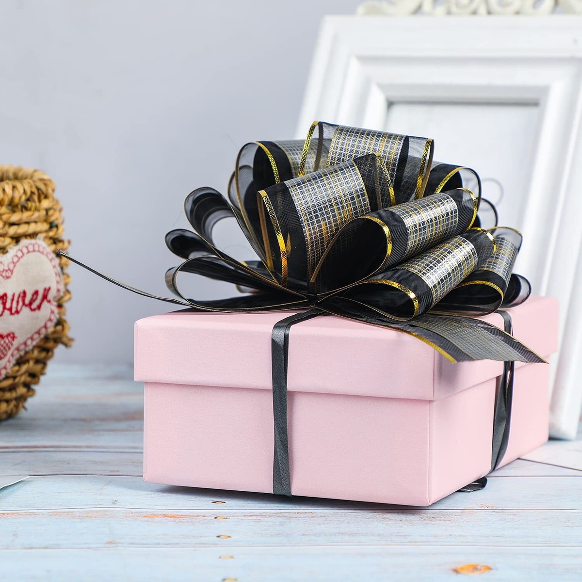 Gold Trim Organza Bows 10-Pack Black Pull Bows For Gift Wrapping - Easy ...
