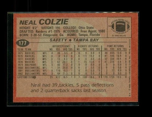 Vintage 1983 TOPPS Football Trading Card #177 NEAL COLZIE Tampa Bay ...