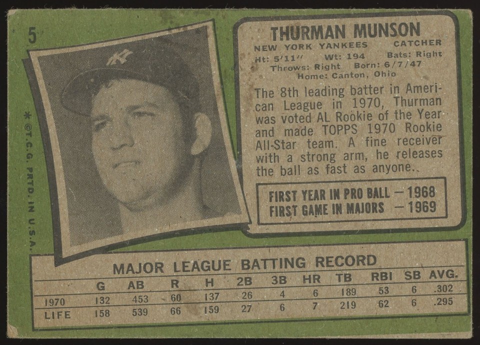 1971 Topps Thurman Munson #5 New York Yankees Gold Rookie Cup VG-VGEX ...