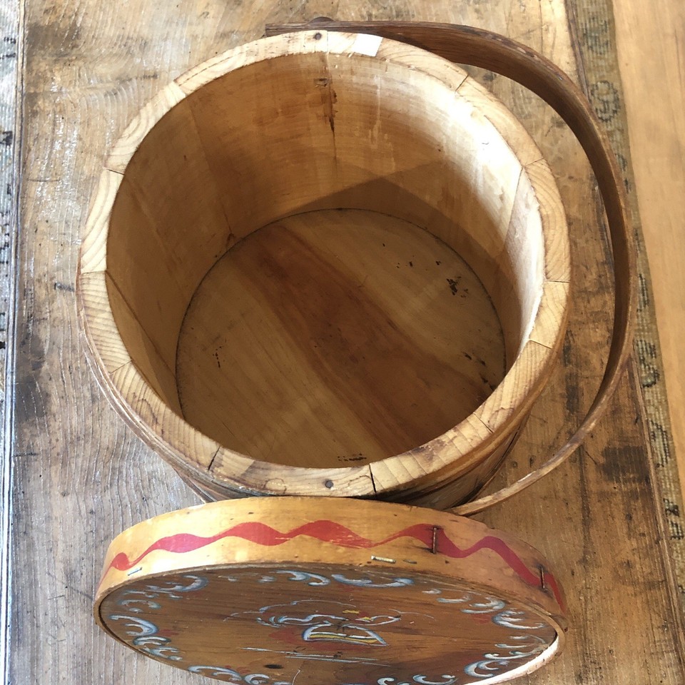 Primitive Wood FIRKIN Salt Bucket Hand Painted Dutch Dancing w/Lid 10 ...