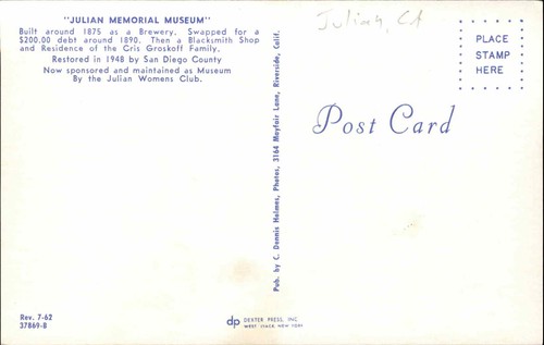 Julian California CA Memorial Museum 1950s-60s Vintage Postcard | eBay