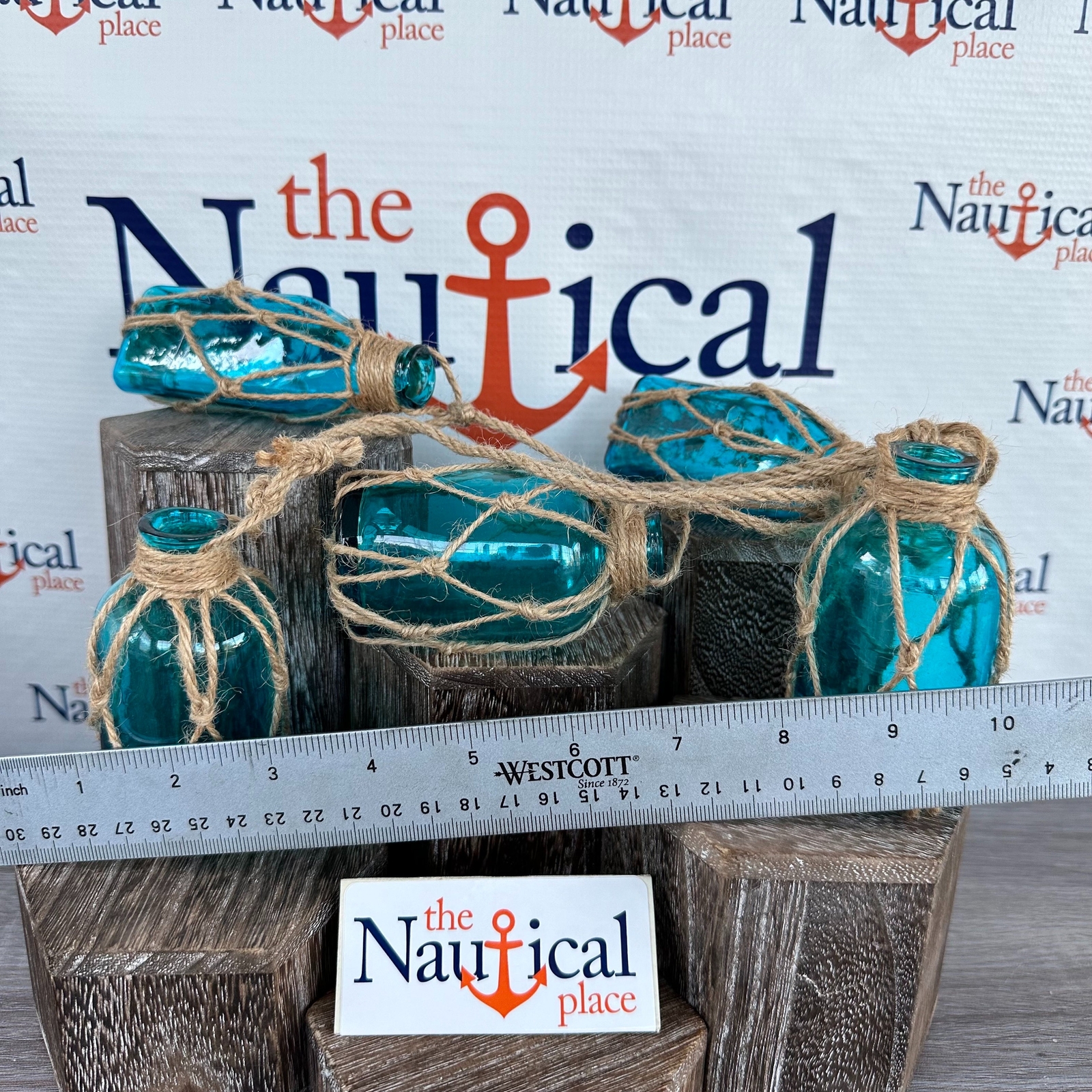 5 - Aqua Glass Bottles On Rope - Nautical Fish Net Buoy Ball Floats ...