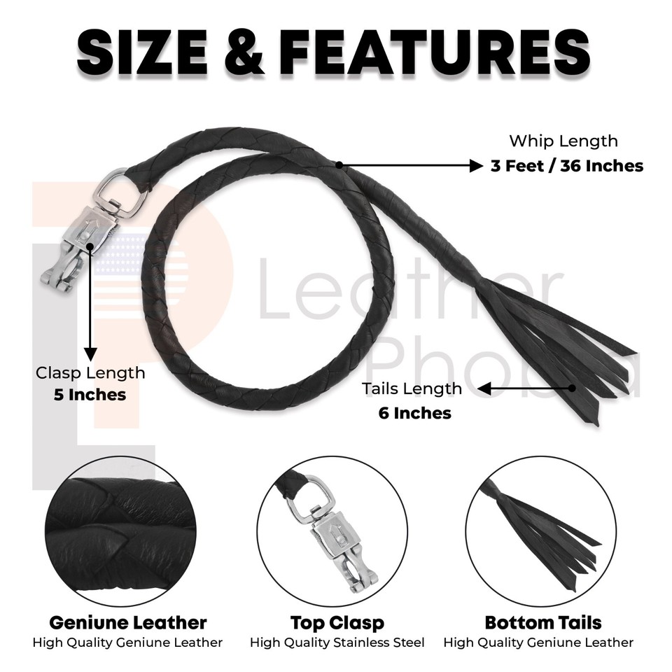 36" Leather Motorcycle Get Back Whip for Handlebar Black Motor Biker ...