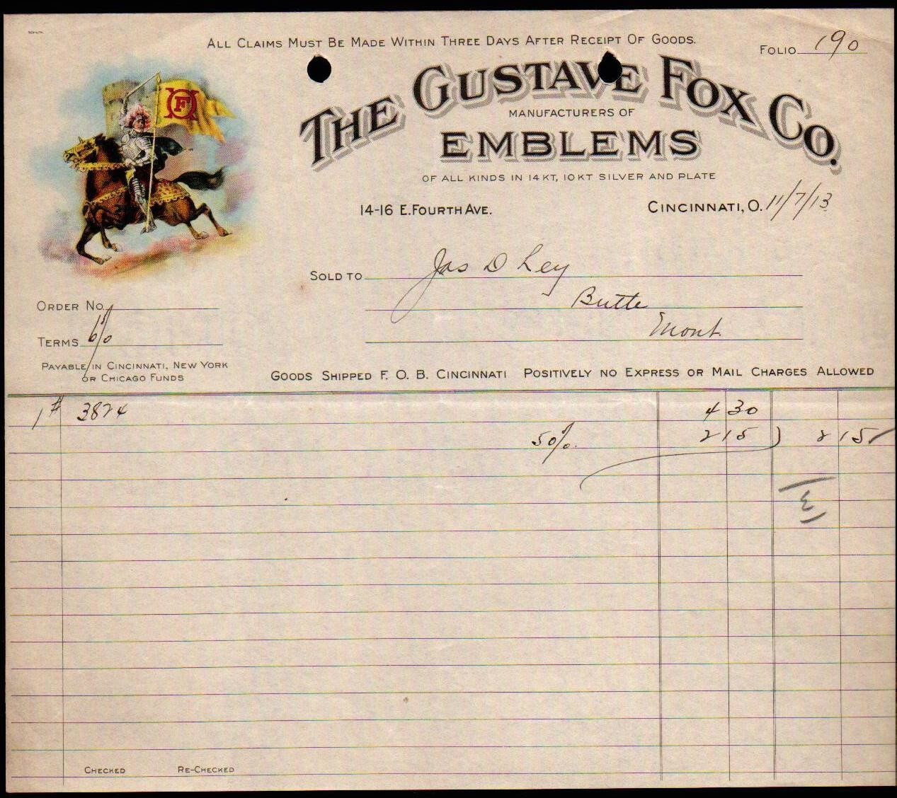 1913 Cincinnati Oh - Gustave Fox Co - Emblems - Color Rare Letter Head ...